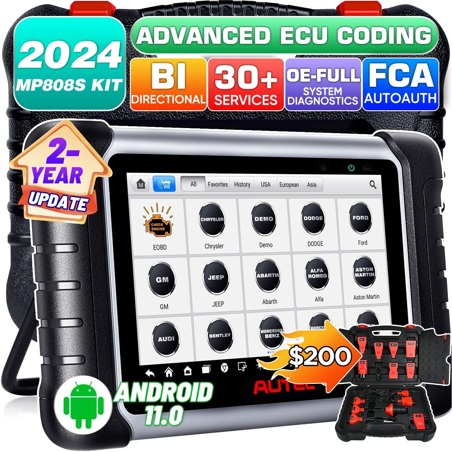 Autel MaxiPRO MP808S PRO Ver. w/All 11 OBD Adapters, 2-Year Update ($700 Valued), 2024 ECU Coding Bidirectional Scanner, Same as MS906BT/ MS906 Pro, Upgrade of DS708 DS808 MP808 30+ Services AutoAuth