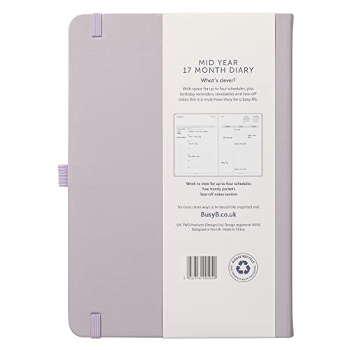 Busy B Mid Year 17 Month Diary August 2022 - August 2023. Lilac Faux Leather Academic Diary 2022-2023 A5 Week to View Planner with Pen Holder, Elastic Closure and Storage Pockets (4049AMZ)