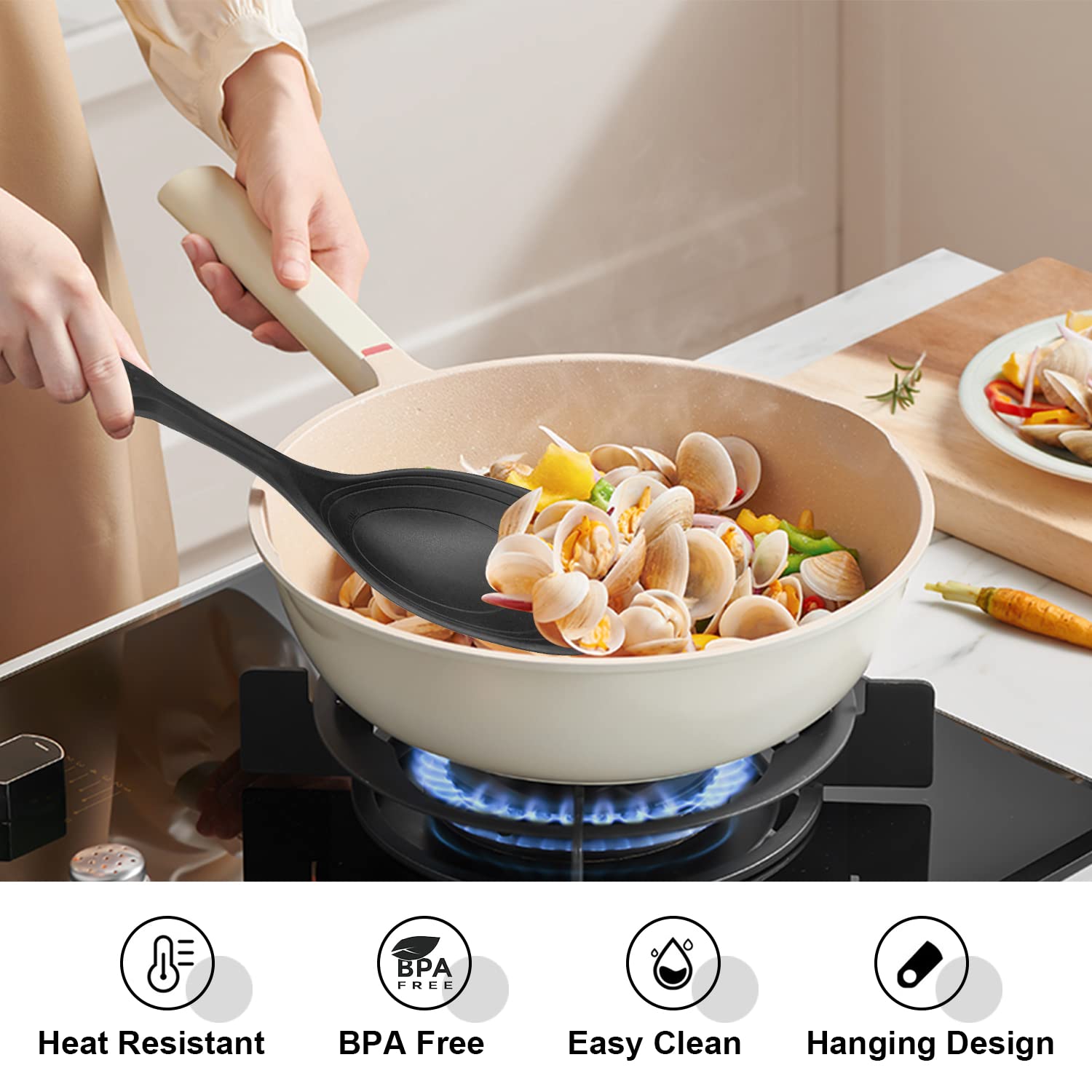 Beijiyi Silicone Cooking Spoon Set, 3 Pack Heat Resistant Silicone Spoons for Cooking, Mixing, Serving, Nonstick Kitchen Utensils Large Solid Slotted and Spaghetti Spoon - Dishwasher Safe, Black