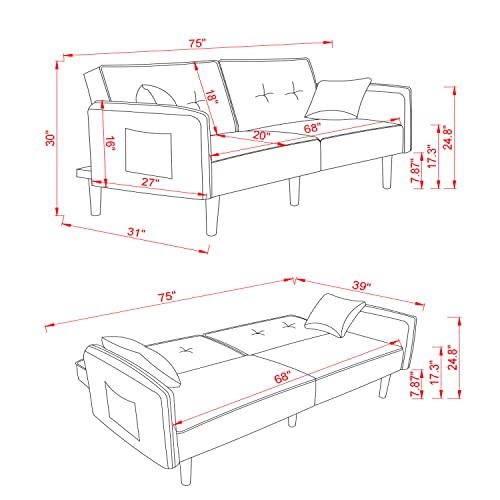 Futon Sofa Bed, Upholstered Convertible Folding Sleeper Sofa Bed with Armrests, Loveseat, Modern Futon Couch for Living Room, Bedroom, 2 Pillows, Solid Wood Legs,75" L x 31" W x 30" H (White)
