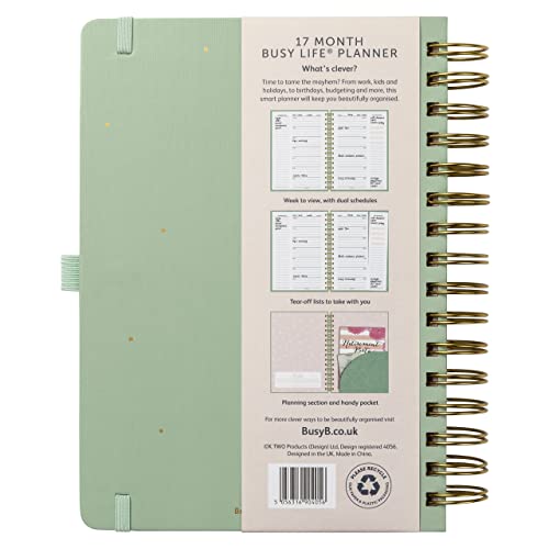 Busy B Mid Year 17 Month Busy Life Planner August 2022 - December 2023. Sage A5 Week to View Planner with Dual Schedules, Pocket and Shopping Lists