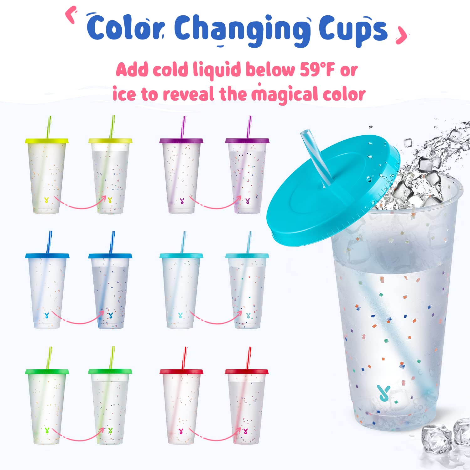 Meoky Confetti Color Changing Cups with Lids and Straws for Iced Coffee, Party, Pool - 6 Pack 24oz Reusable Plastic Tumblers for Kids and Adults