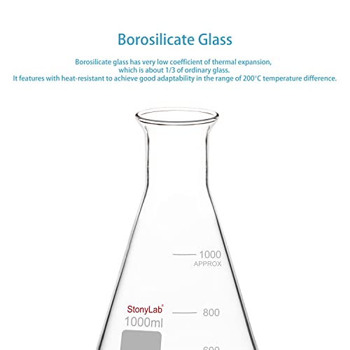 stonylab Glass Wide Mouth Erlenmeyer Flask, 1000 ml Borosilicate Glass Erlenmeyer Flask with Heavy Duty Rim, 1 Pack