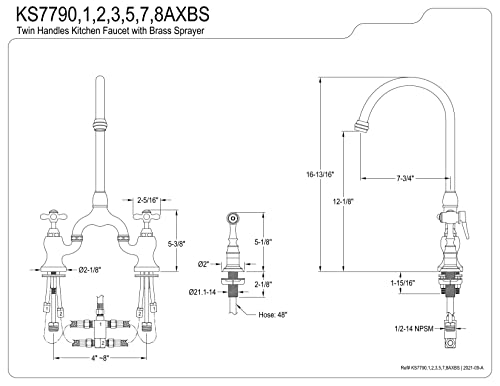 Kingston Brass KS7792AXBS English Country Bridge Kitchen Faucet Sprayer, Polished Brass