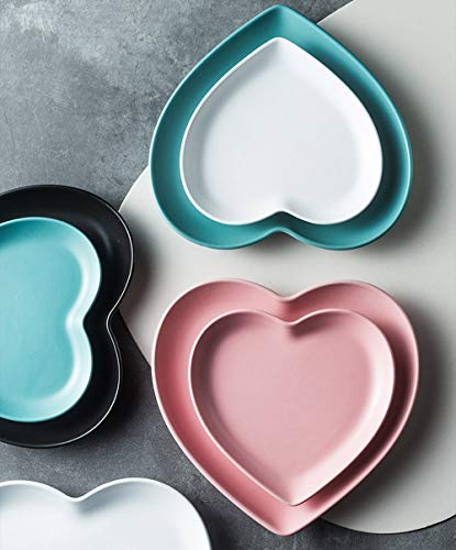 FUYU 2pcs Colorful Matte Heart Shaped Ceramic Dinner Plate Salad Plate Dessert Plate Steak Plate