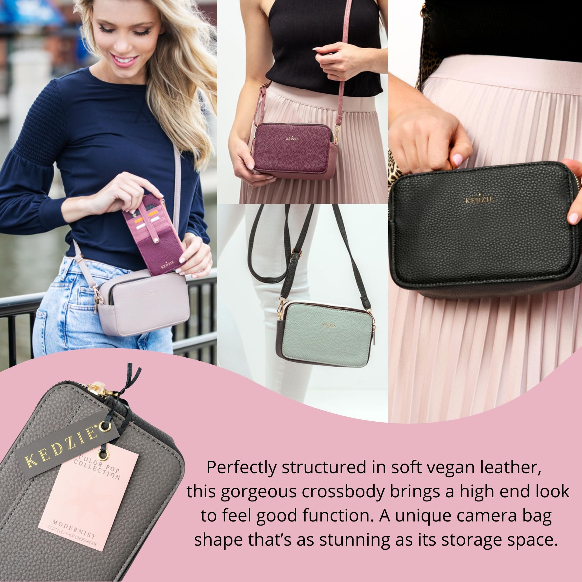 KEDZIE Color Pop Modernist Vegan Leather Crossbody Shoulder Compact Camera Shape Bag For Women With Adjustable Strap - Gray