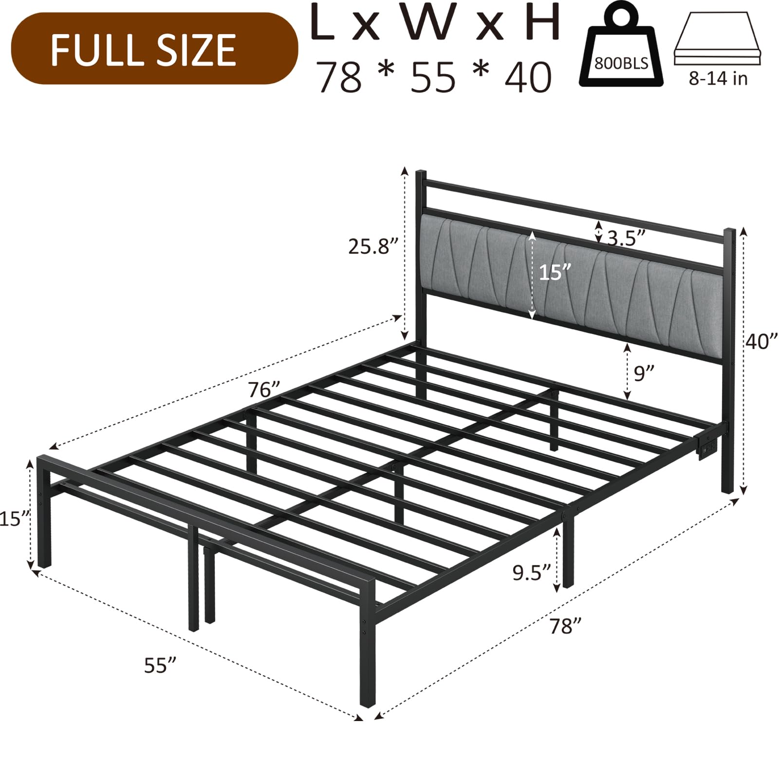 CollaredEagle Queen Size Bed Frame with Charging Station, Metal Platform Bed Frame with Fabric Upholstered Headboard, No Box Spring Needed, Large Under Bed Storage, Non-Slip, Black