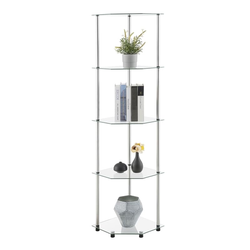 Casafoyer Designs2Go Classic Glass Five-Tier Corner Tower|Clear Tempered Glass Shelves|Stainless Steel Legs|Easy Assembly|60.25" Height