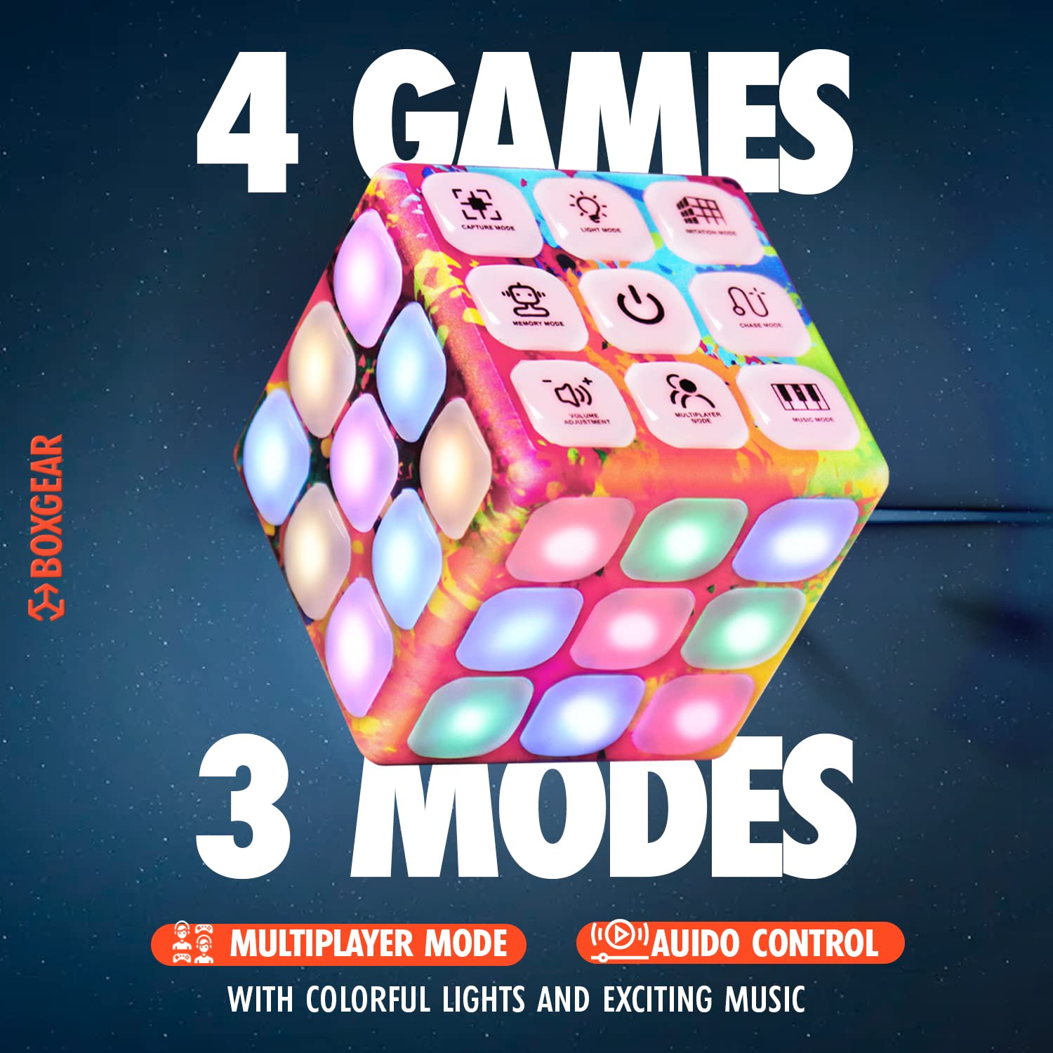 Boxgear LED Handheld Flashing Puzzle Cube for Adults and Children – Sensory Cube with 5 Brain Games