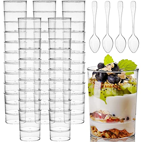 Okllen 100 Pack Mini Dessert Cups with Spoons, 3 Oz Round Shot Cups Plastic Dessert Shooters, Appetizer Parfait Cups Shot Glasses for Chocolate Desserts, Ice Cream, Puddings, Tasting Party