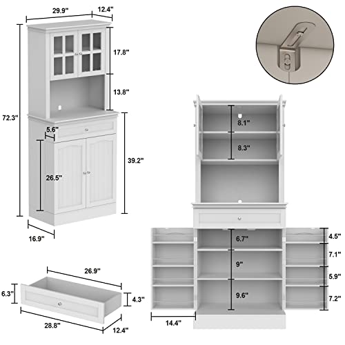 ECACAD Kitchen Pantry with 4 Doors, Drawer & Adjustable Shelves, Wood Storage Cabinet with Acrylic Doors, Freestanding Kitchen Cupboard Floor Cabinet for Living Room, White (29.9โW x 16.9โD x 72.3โH)