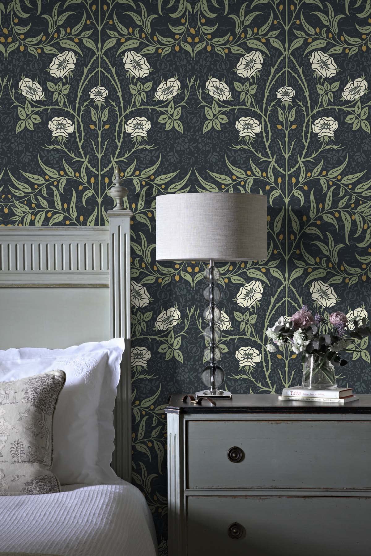 NextWall Stenciled Floral Peel and Stick Wallpaper (Navy & Sage)