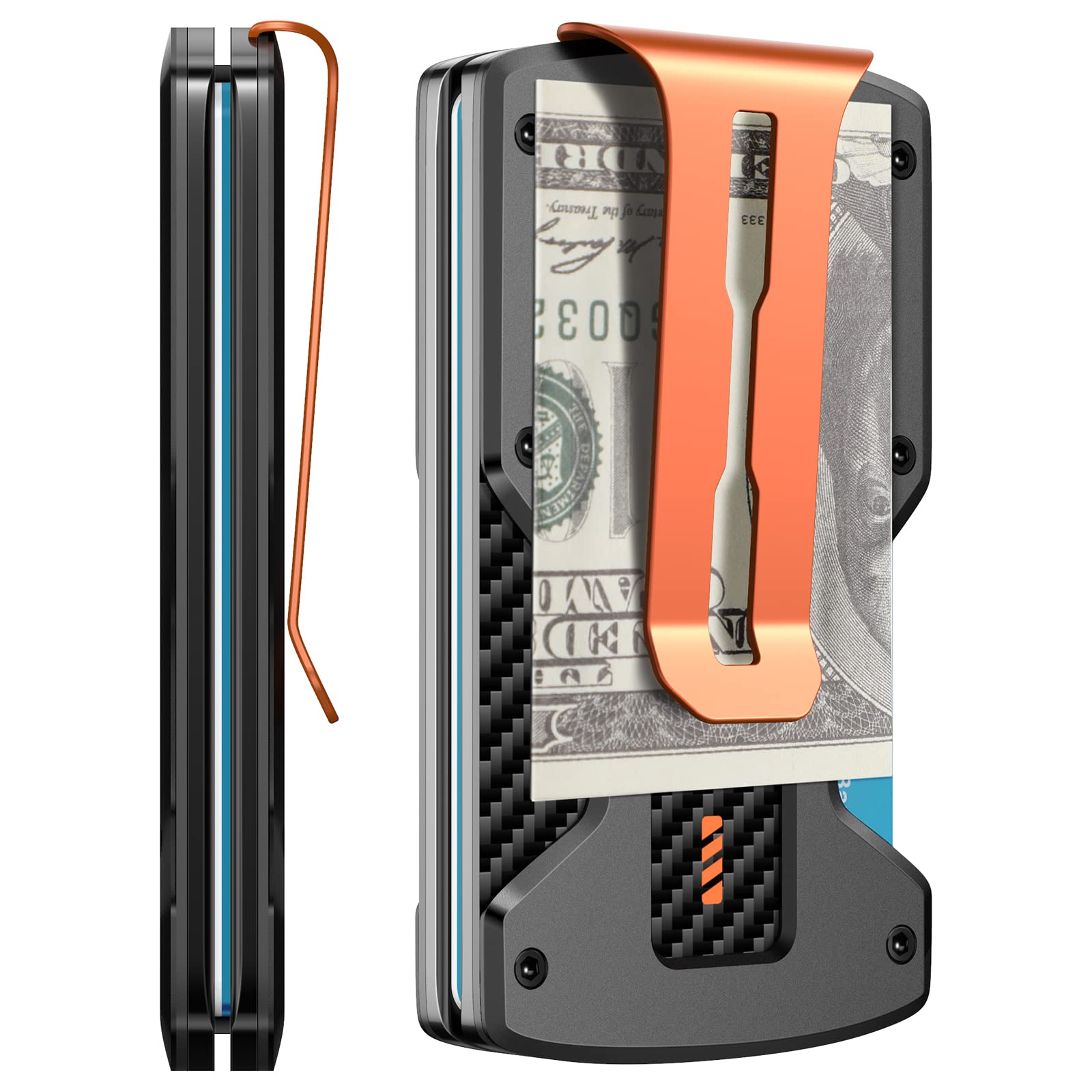 boxoon Money Clip Wallets for Men, Carbon Fiber Wallet with 2 Clips, Ultra Slim Aluminum Metal Wallet with Credit Card Holder, RFID Blocking Technology, Tactical Multitool Included, Gift for Men
