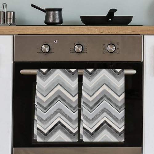 Beisseid Kitchen Dish Towels Grey Chevron Dish Cloth Fingertip Hand Towels Geometric Design Stripe Super Absorbent Soft Cotton Tea Towel 3 PCS