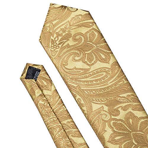 Barry.Wang Men Tie Set Paisley Gold Silk Necktie Pocket Square Cufflinks Formal Wedding Party Business Prom