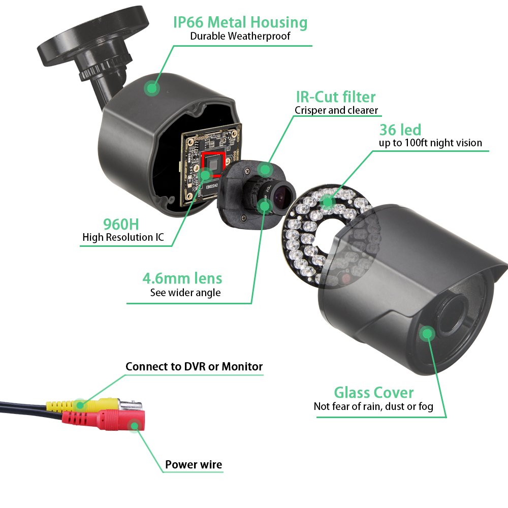 ZOSI 1000TVL 960H CCTV Camera 36IR LEDs Outdoor Night Vision 100ft High Resolution Home Security Camera Bullet Camera