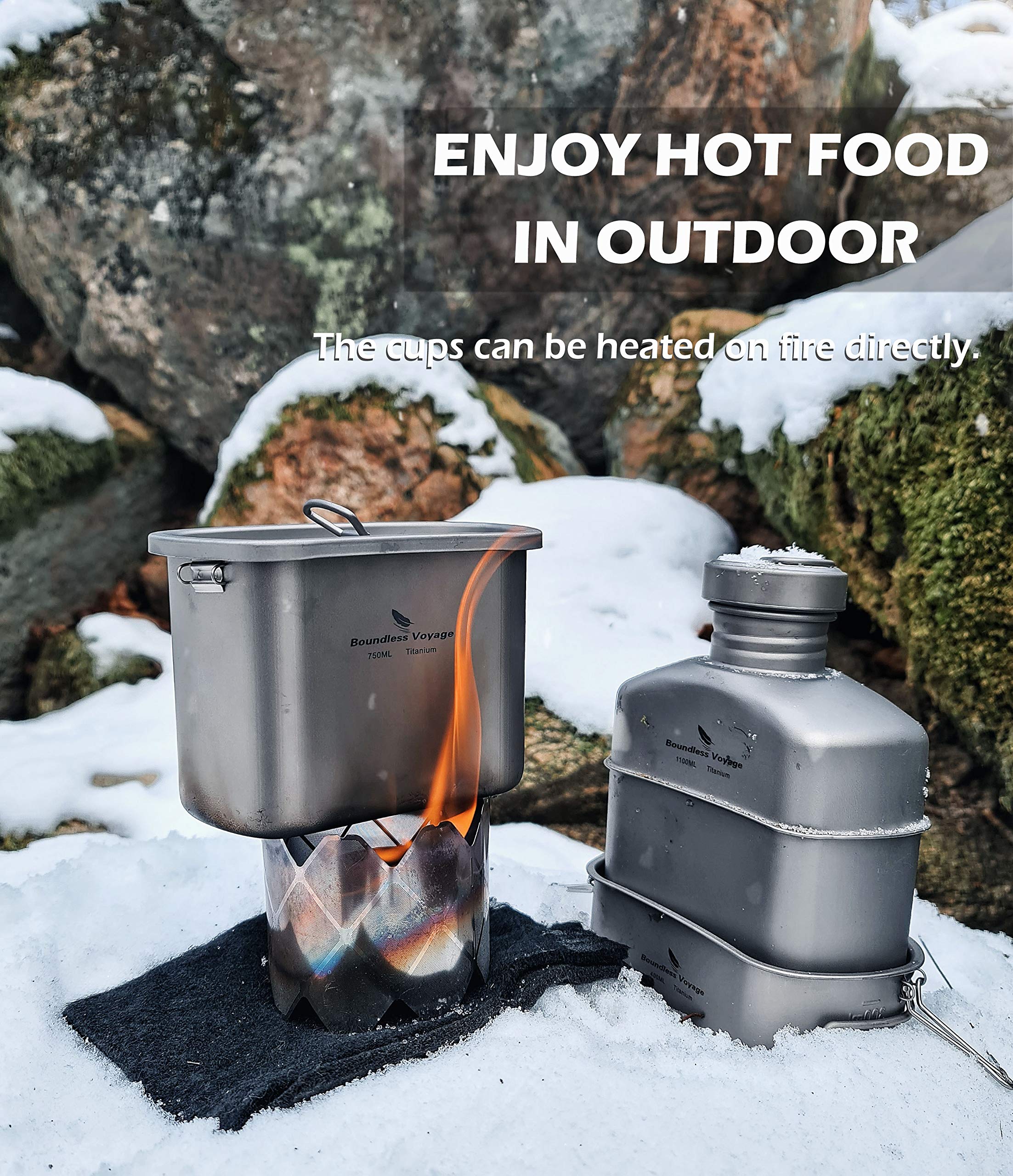 Boundless Voyage Titanium Military Canteen Cups Set Outdoor Camping Hiking Water Bottle Bowl Cooking Set Mess Kit (Ti15158B (Canteen+2cups set))