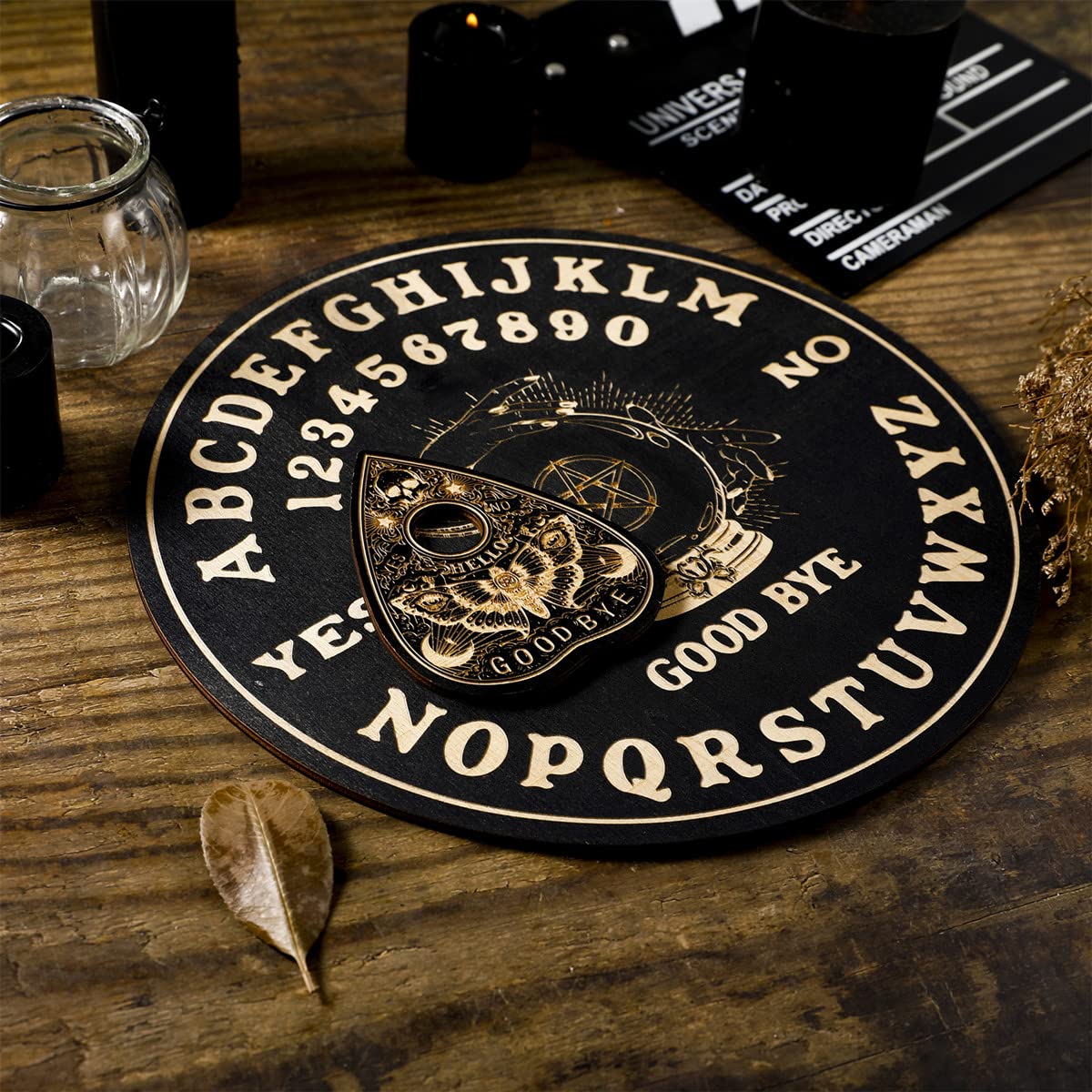 Keithwood 11.5’’ Black Spirit Board with Planchette Handmade Black Talking Board Game Spirit Board for Spirit Hunt, Witch Craft, Occult Practice - Magic Crystal Ball Pentagram Star in Hands