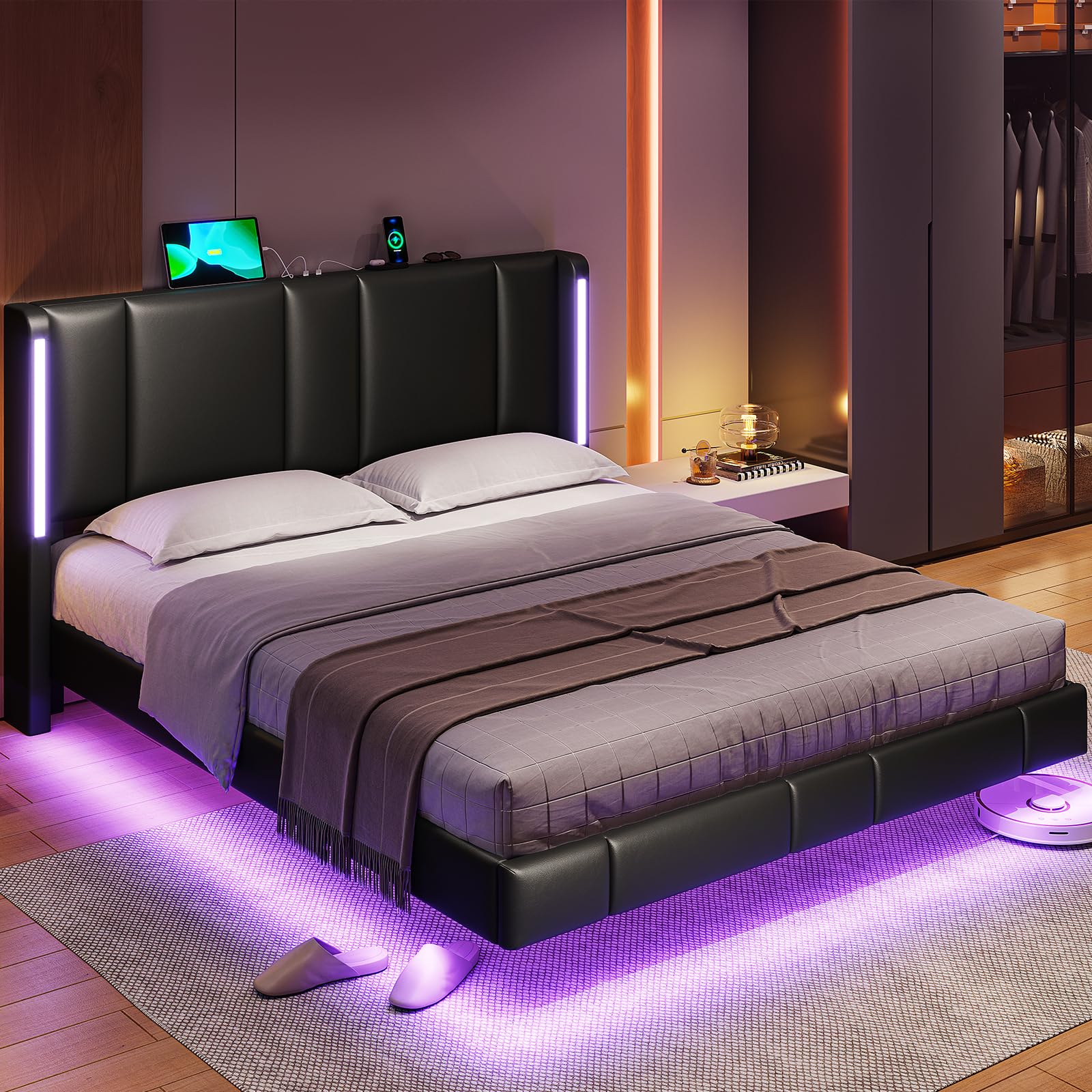 MSmask Queen Platform Bed Frame, Floating Bed with LED Lights, Faux Leather Upholstered Headboard, 2 USB Ports, Under-Bed Storage, No Box Spring Needed, Black