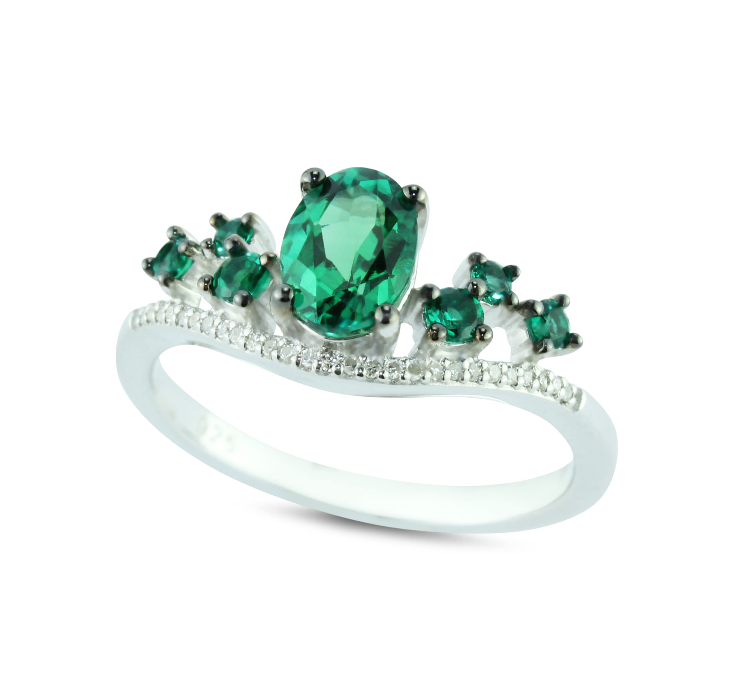 Belantina Heartland By Beverley Mitchell .925 Sterling Silver 7x5mm Oval Cut Lab-Created Emerald & Diamond Accented Curved Statement Ring (H-I, I2-I3) - Size 7