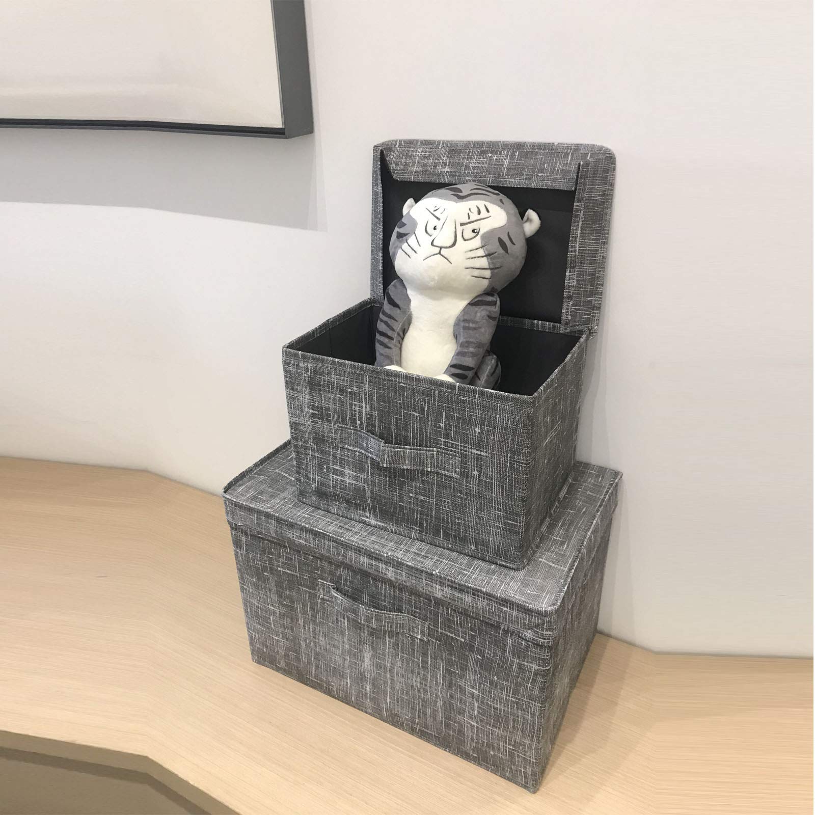 OBewe Foldable storage box Lid storage bin With handle storage box fabric container storage basket Convenient storage pack of 3 Suitable for home bedroom office(Gray, Medium)