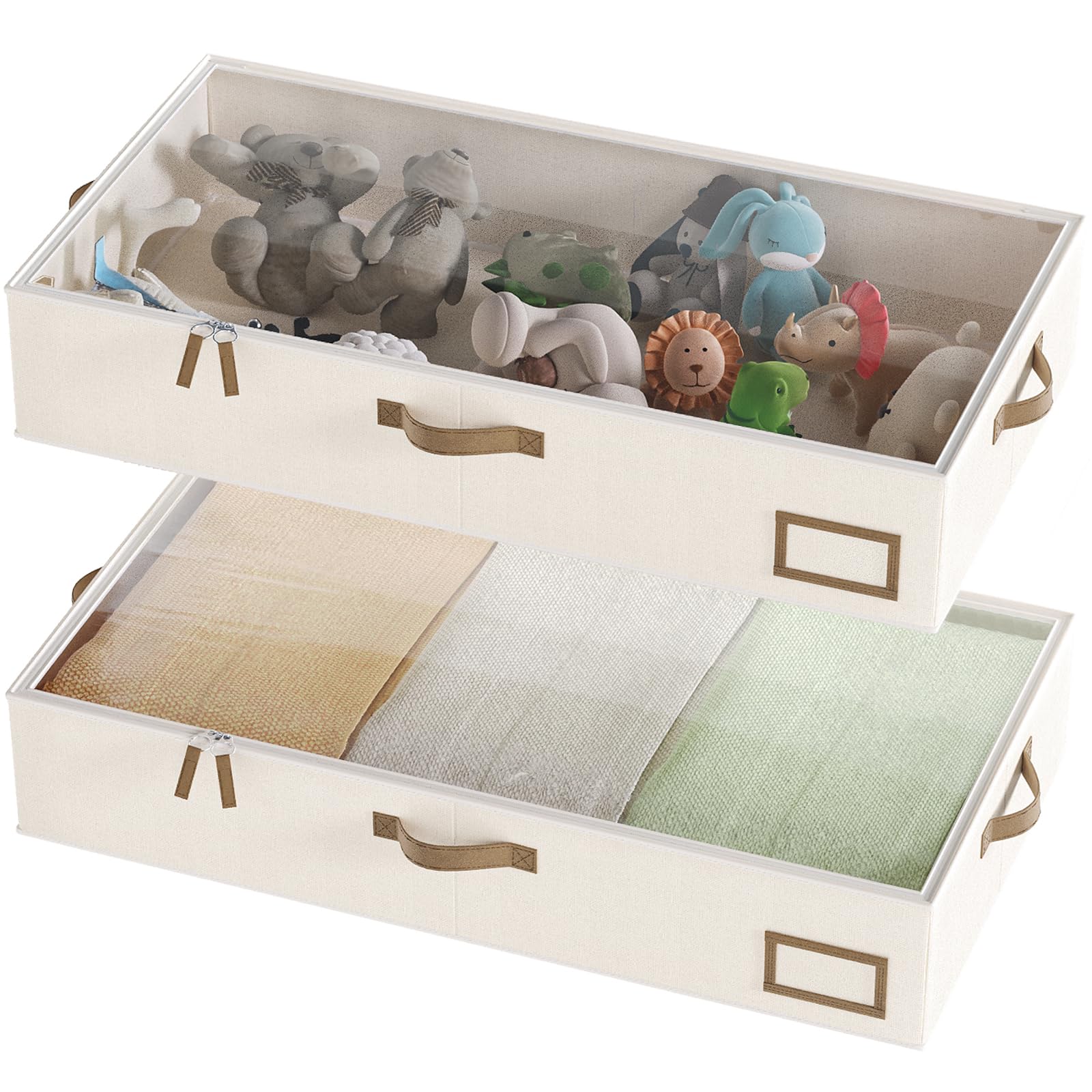 COYACOOL Under Bed Storage Containers, 2-Pack Underbed Storage Box, Collapsible Clothes Storage Bins with Handles and Lid, Medium Under Bed Organizers for Shoe, Blanket, Toy, Pillow, Sheet, Beige