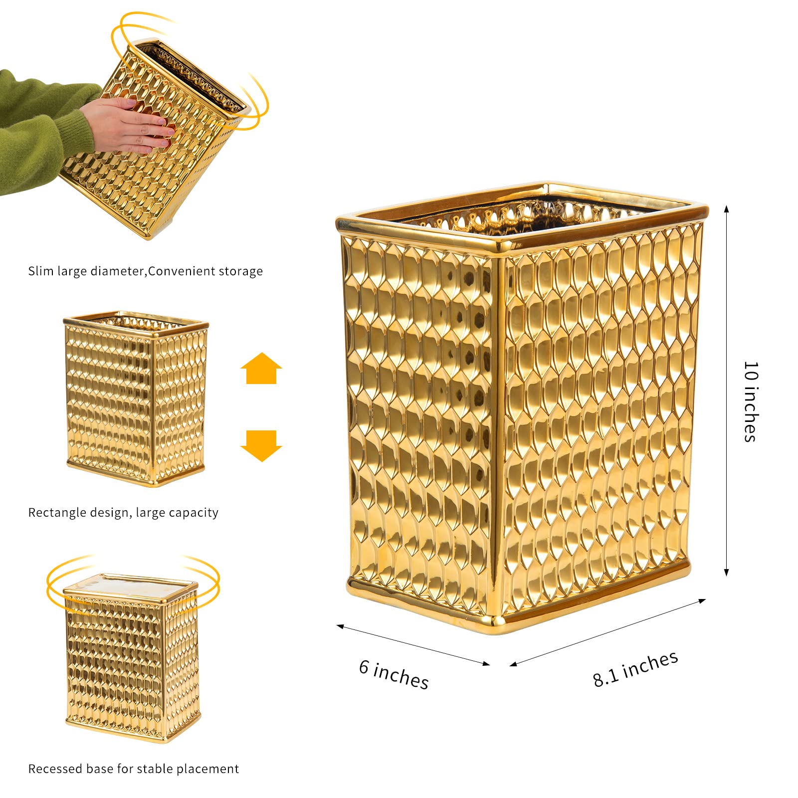 RZCNC Ceramic Gold Square Trash can Waste Basket, Decorative Garbage Can for Bathroom, Bedroom, Home Office, Kitchen, Dorm, College (1.5 Gallon, Small, Open Top)