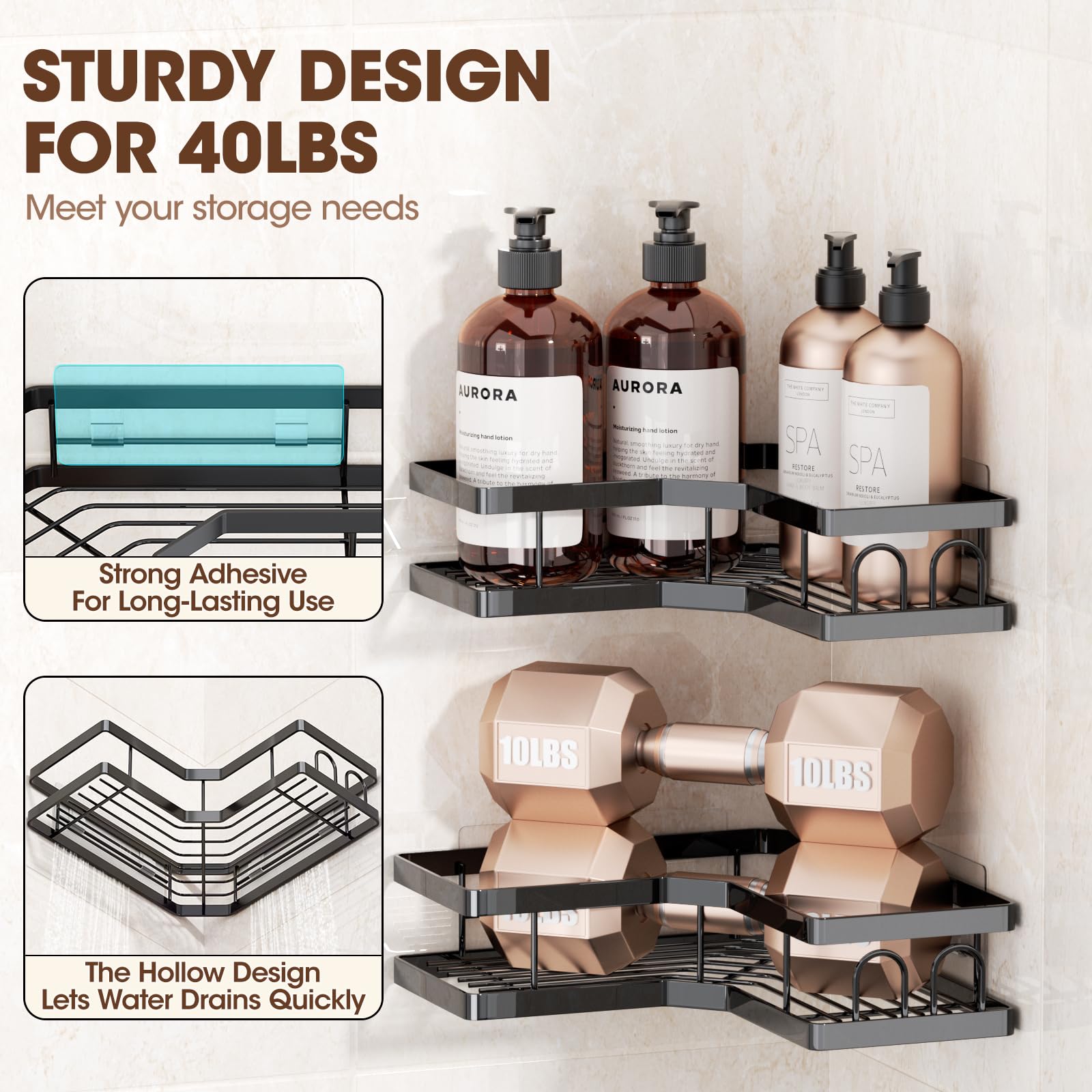 PLEDDANIO Adhesive Corner Shower Caddy - 3 Pack Shower Shelves with Soap Holder and 4 N-Shaped Hook, Stainless Steel Rustproof Bathroom Accessories Organizer, No Drilling Wall Mounted Rack
