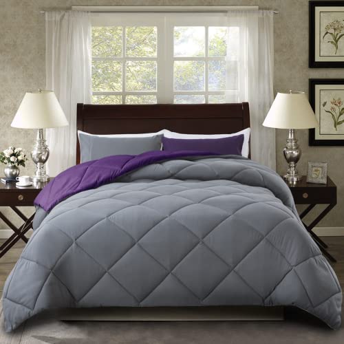 ELNIDO QUEEN 3 Pieces Comforter Set (Cal-King, Purple & Grey) - 1 Reversible Down Alternative Comforter with 2 Pillow Shams - Soft Lightweight Duvet Insert | 104x96 inch