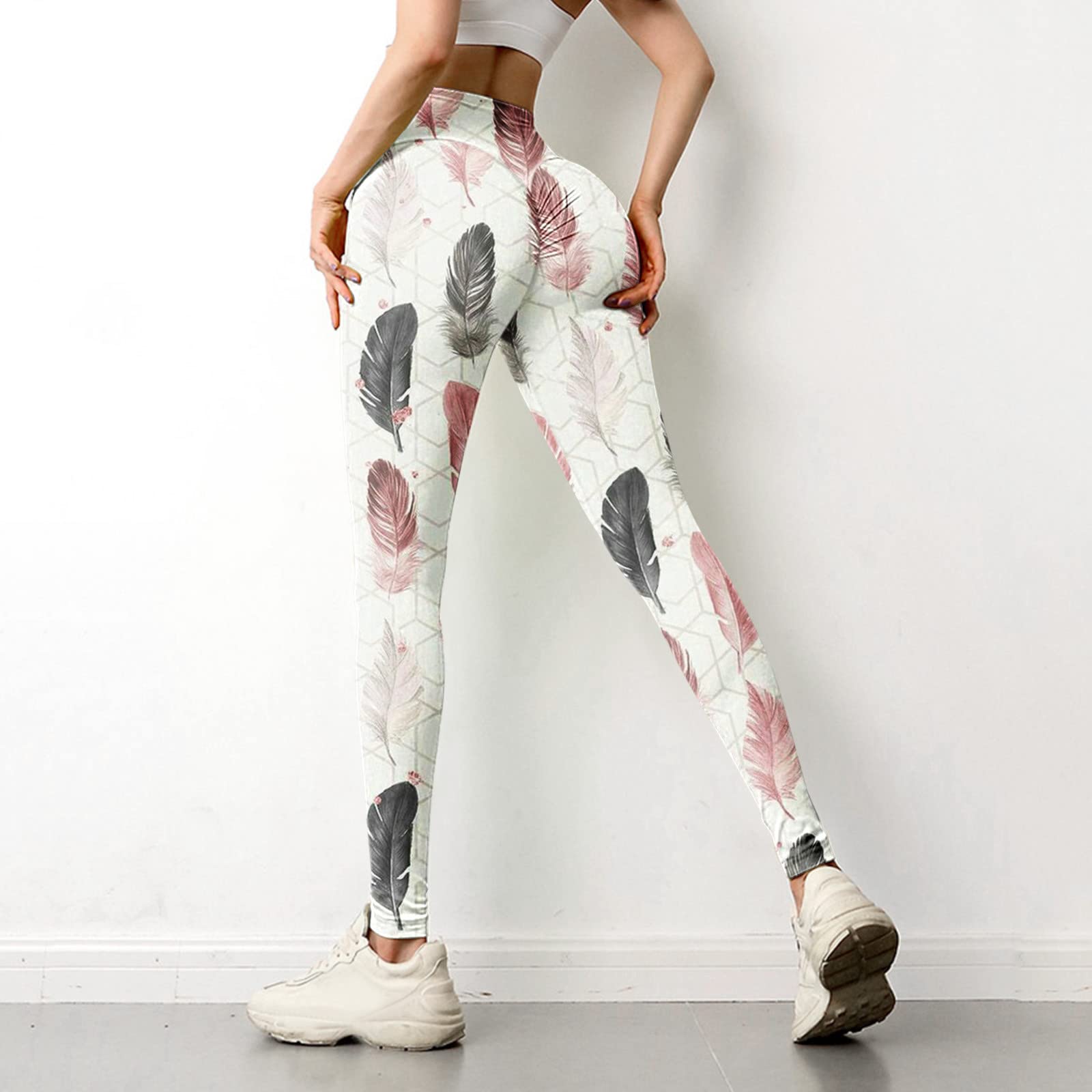 Butt Lifting Workout Leggings for Women High Waisted Ultra Soft Tummy Control Booty Tight Stretchy and Soft Opaque Slimming Feathers Printed Pants for Running Cycling Yoga White