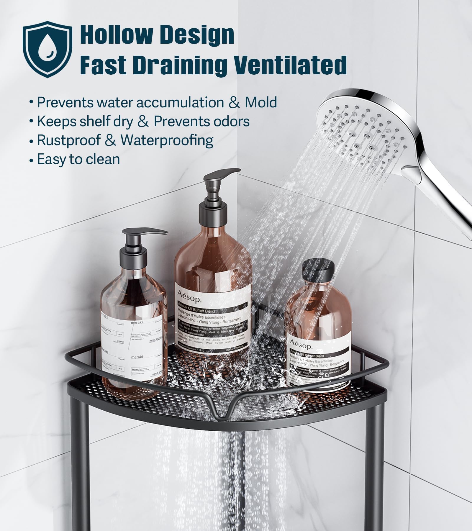 Corner Shower Caddy Free Standing, Stainless Steel Stand up Shower Organizer Shelf with Adjustable Feet, Floor Shower Storage Rack for Bathroom,Balcony Kitchen, 3 Tier Black