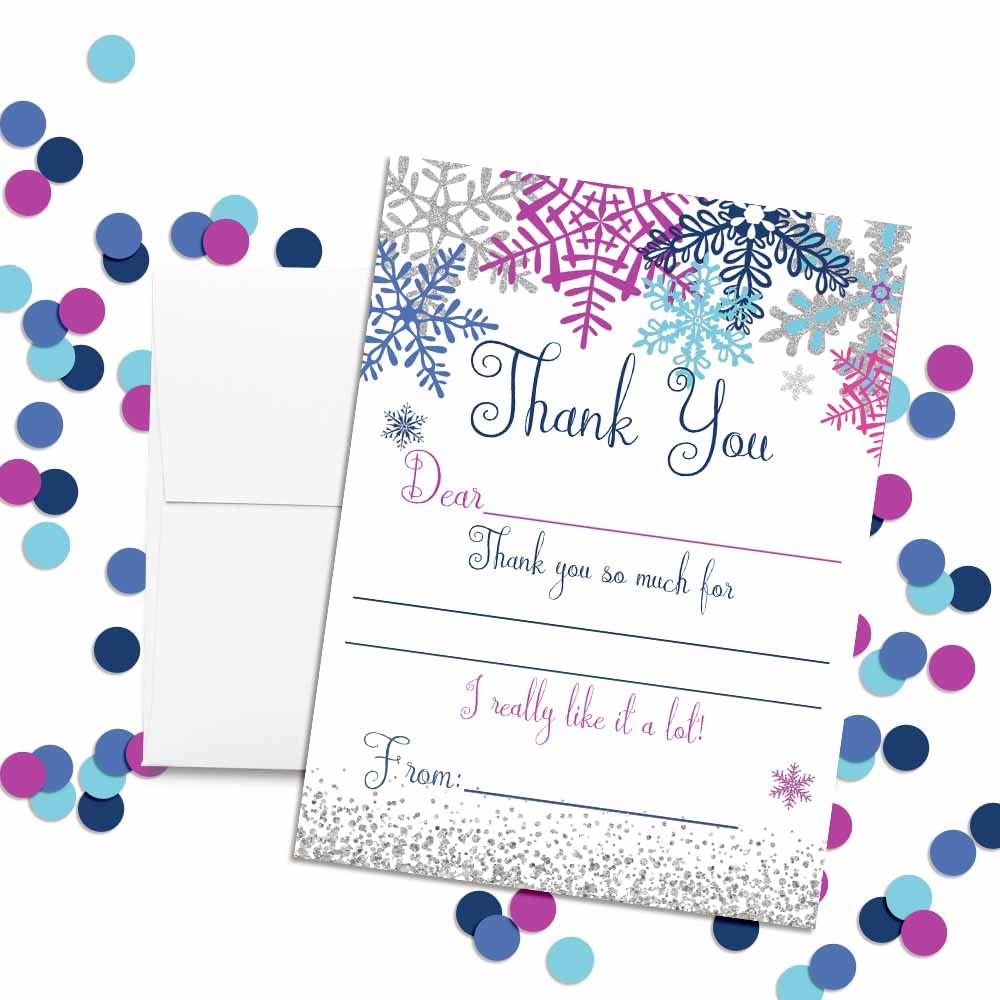 Winter Snowflake Birthday Thank You Notes, Ten 4" x 5.5" Fill In The Blank Cards with 10 White Envelopes by AmandaCreation