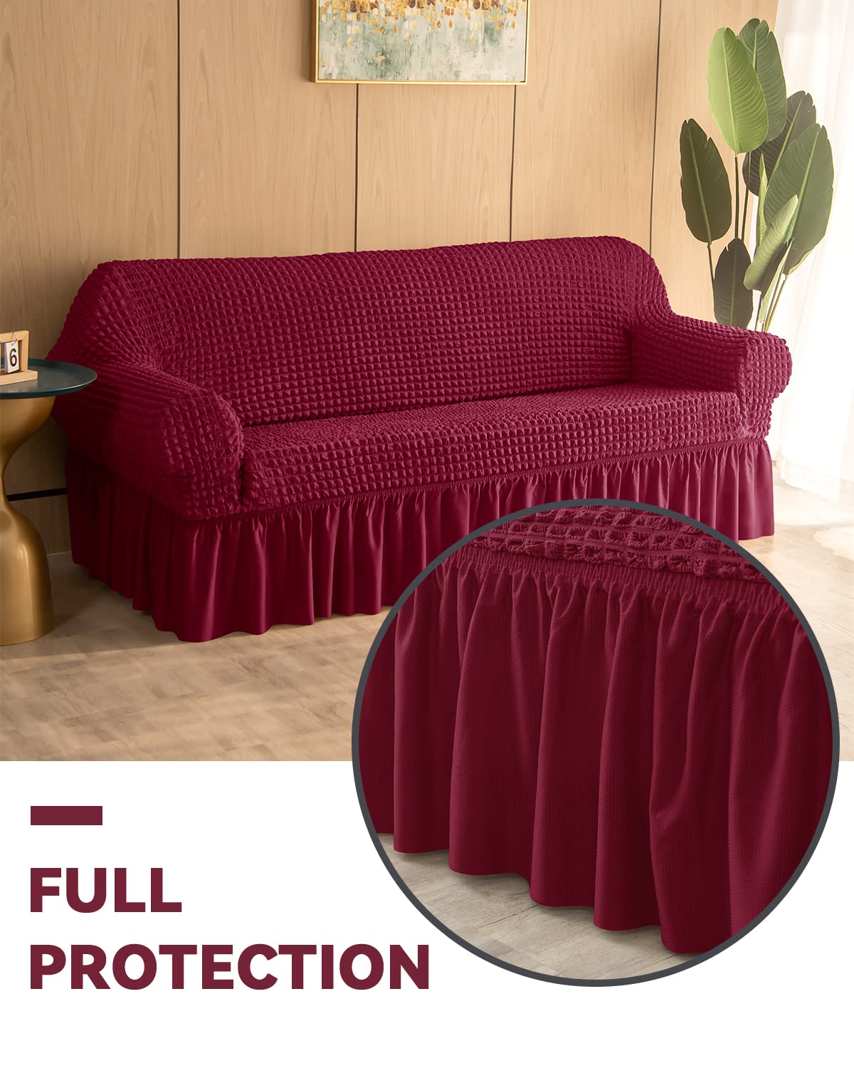 BLUESURGE Sofa Slipcover 1 Piece for 3 Cushion Couch Cover with Skirt, Durable Washable High Elastic Stretchable, Easy Fit Universal Furniture Protector (3 Seater, Maroon)