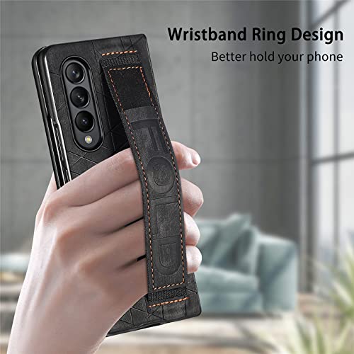 Omio Designed for Samsung Galaxy Z Fold 3 Leather Case with S Pen Holder & Strap, Wrist Strap Leather Back Cover Case Hard PC Shockproof Finger Grip Case for Galaxy Z Fold 3 Men Women Girls, Black
