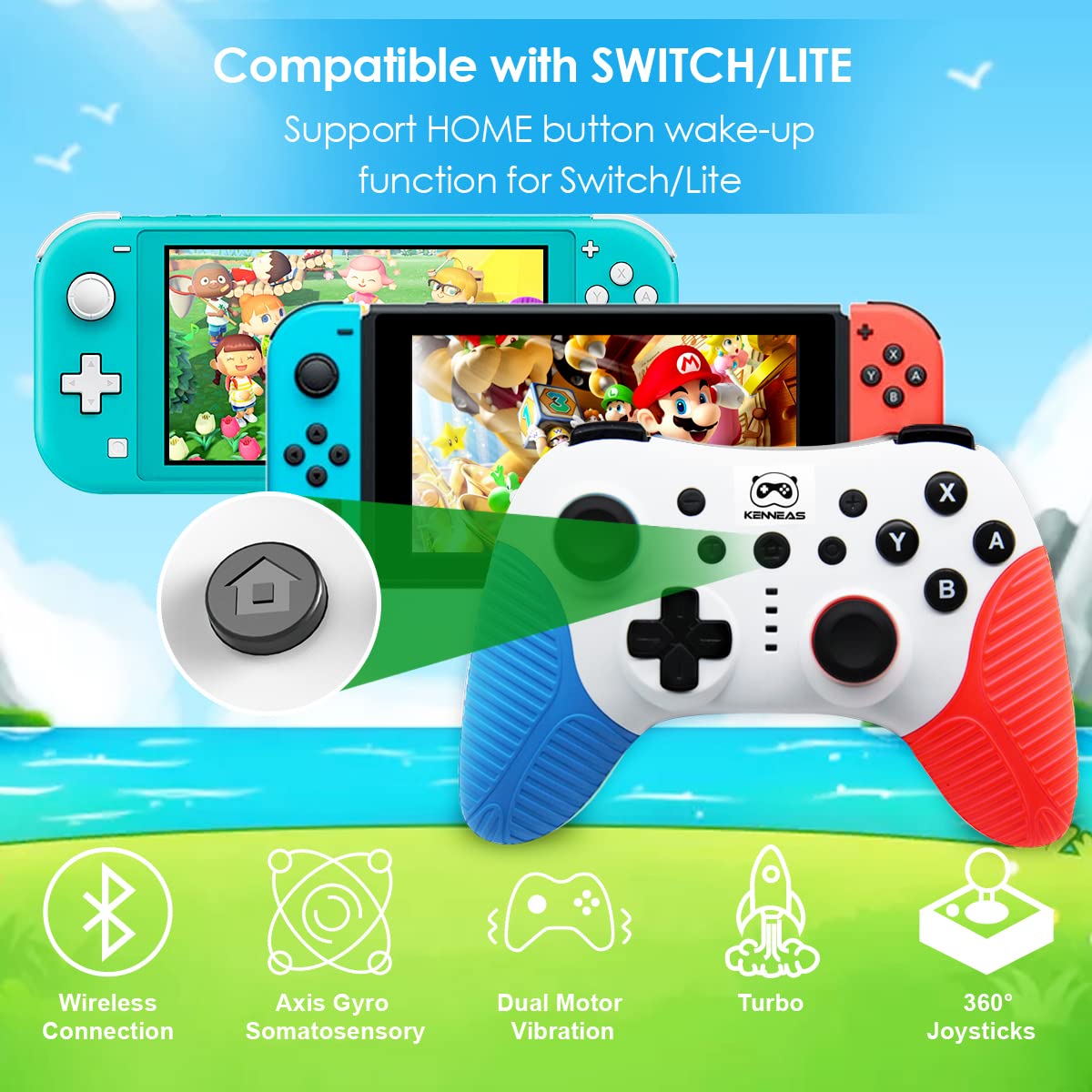 KENNEAS Wireless Pro Controller for Switch/Switch Lite, Switch Remote Gamepad with Wake-up, 3-Level Vibration, Turbo, Motion Control Function, 600mAh Battery Wireless Switch Controller