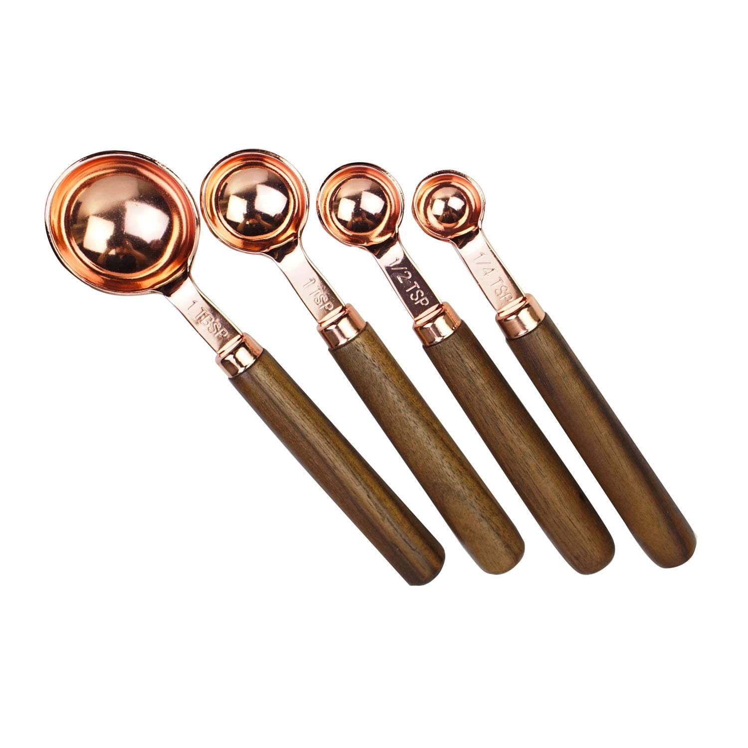 Kitchen Rose Gold Measuring Spoons and Cups Tool Set 8 piece, Dual Scale Unit, Walnut Wood Handle, Stainless Steel Mirror Polished for Dry and Liquid Ingredients Kitchen Cooking Baking Set