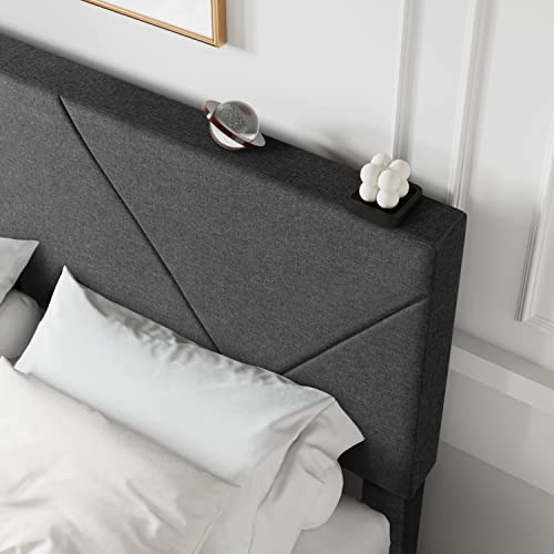 SHA CERLIN King Size Upholstered Bed Frame with Geometric Headboard, Heavy-Duty Platform Bed Frame with Wood Slats Support, Mattress Foundation, No Box Spring Needed, Easy Assembly, Dark Grey