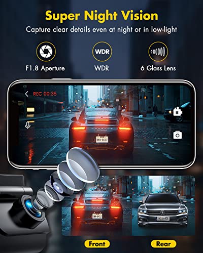 Dash Cam Front and Rear Camera, 4K/2.5K Full Dashcams for Cars with 64GB SD Card, WiFi & App Control, Night Vision, Parking Mode, G-Sensor, Loop Recording,WDR,170° Wide Angle
