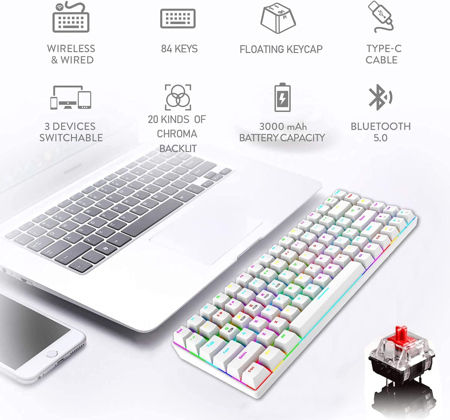 Bluetooth Mechanical Gaming Keyboard,Rainbow LED Backlit Bluetooth 5.0/Wireless 2.4G/Wired 84 Keys Mini Keyboard with Rechargeable 3000mAh Battery Brown Switches Type-C USB Receiver for PC Gamers