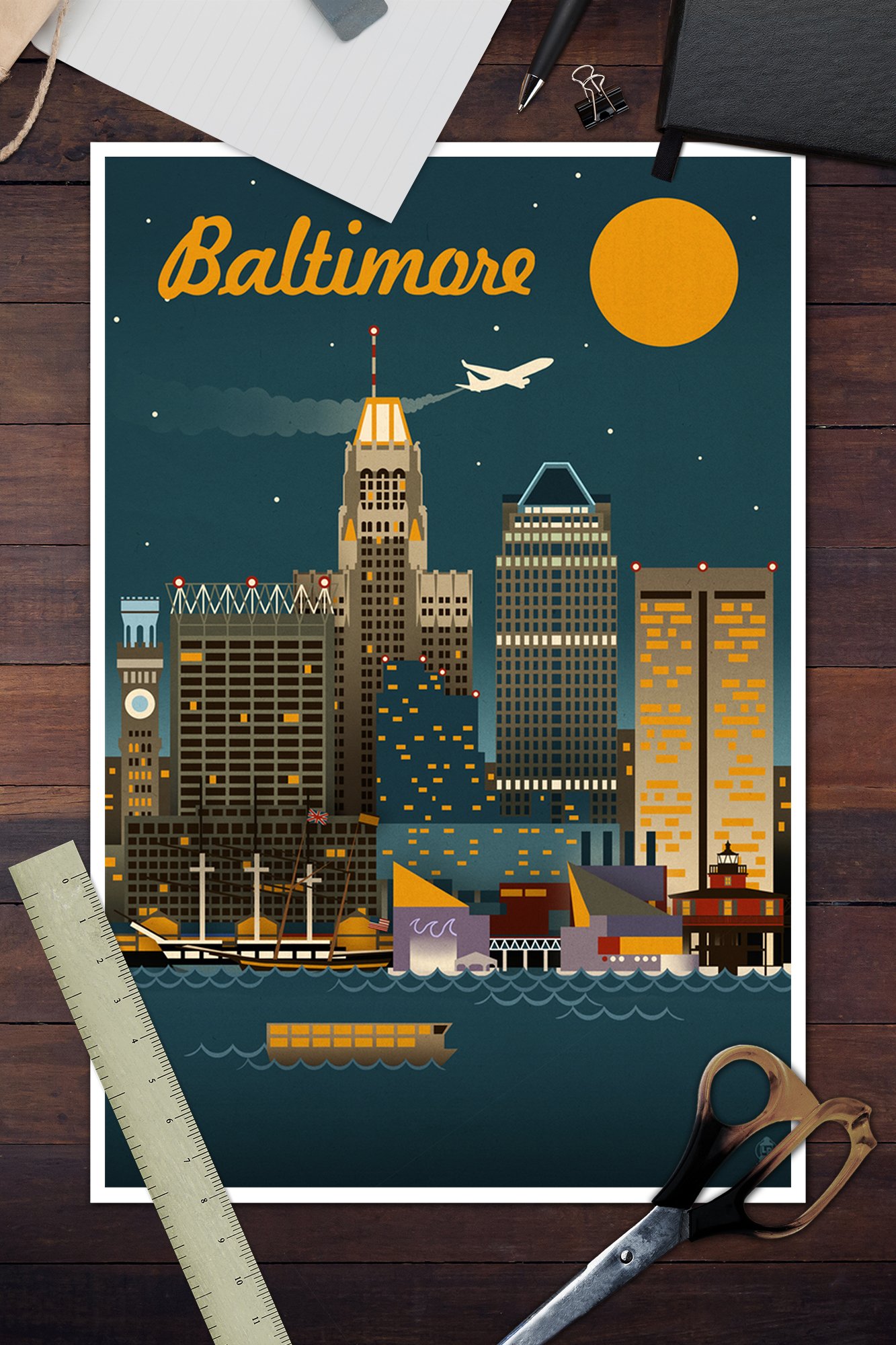 Baltimore, Maryland, Retro Skyline (12x18 Hand Signed Print Master Wall Art, Poster Decoration)