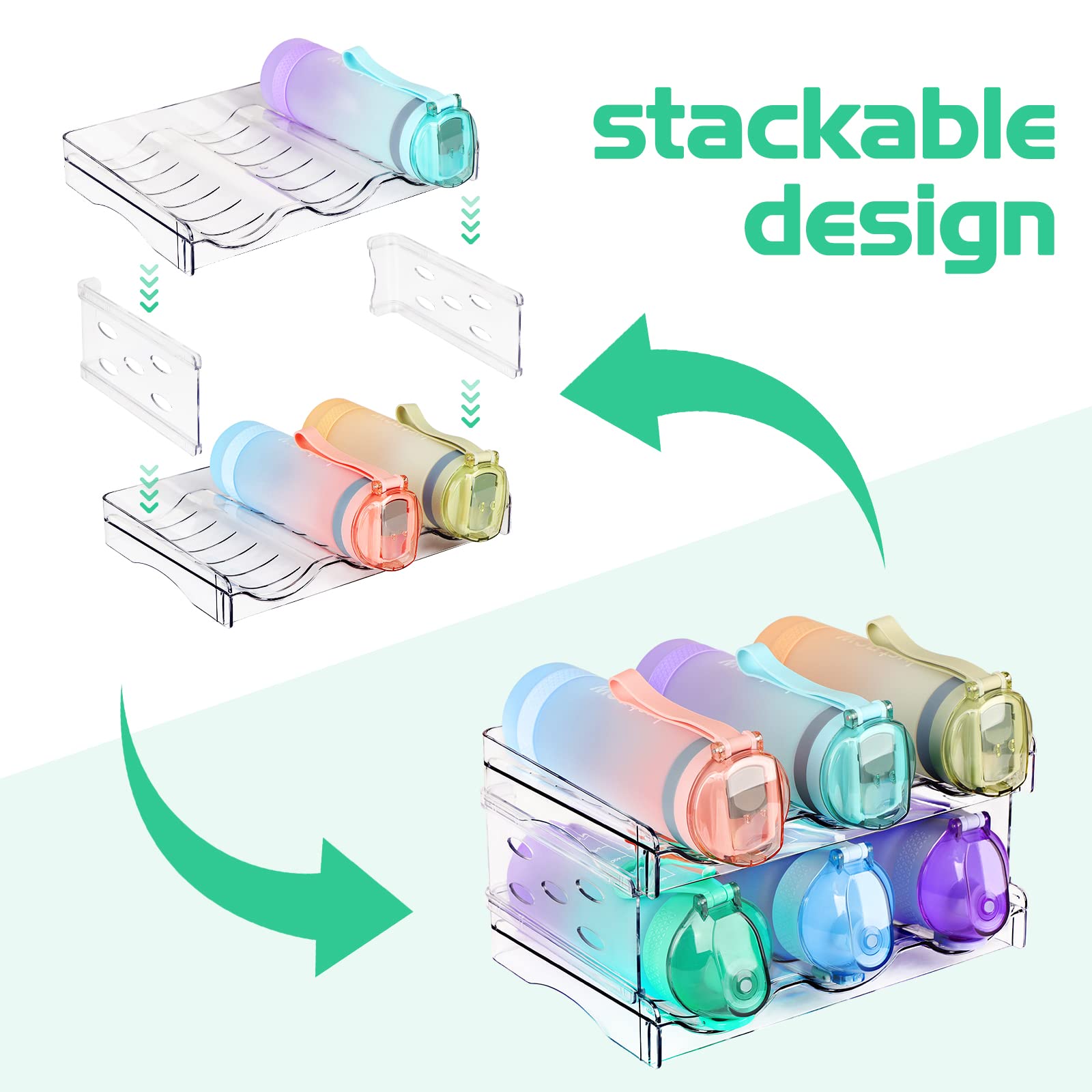 Boribim 2 Pack Stackable Water Bottle Organizer - Water Bottle Holder for Cabinet - Kitchen Pantry Organization and Storage Shelf, Plastic Fridge Wine Drink Racks, Tumbler Travel Mug Cup Organizer