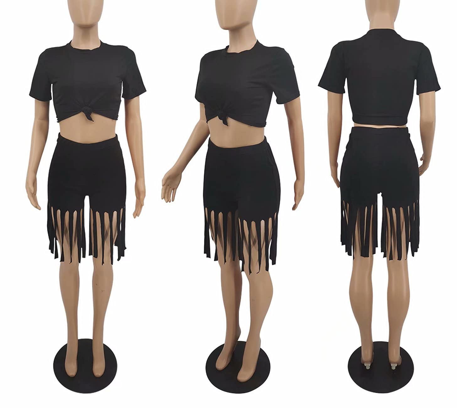 Bluewolfsea Women's Cute Two Piece Outfits Short Sleeve Shirt Top and Tassel Bodycon Shorts Tracksuit Medium