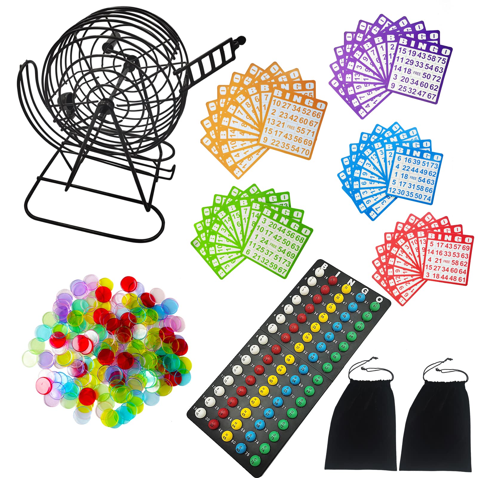 SEETOOOGAMES Deluxe Bingo Game Set - 8 Inch Metal Cage, 50 Paper Cards, 600 Colorful Clear Chips, Bingo Balls and Plastic Master Board, Great for Adults Large Groups, Familiy Games Nights Parties