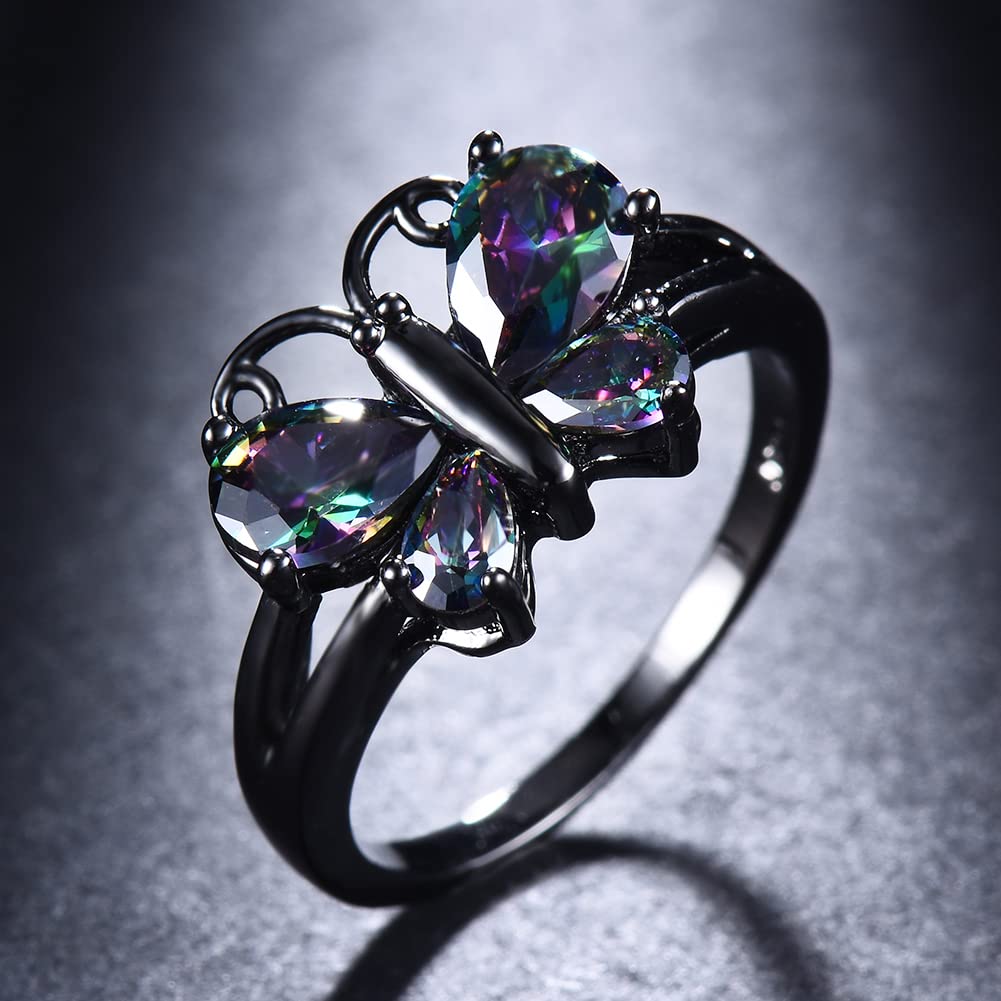 Black Gold Ring for Women Witch Ring Butterfly Ring with Rainbow Diamond Gothic Engagement Wedding Ring (6)