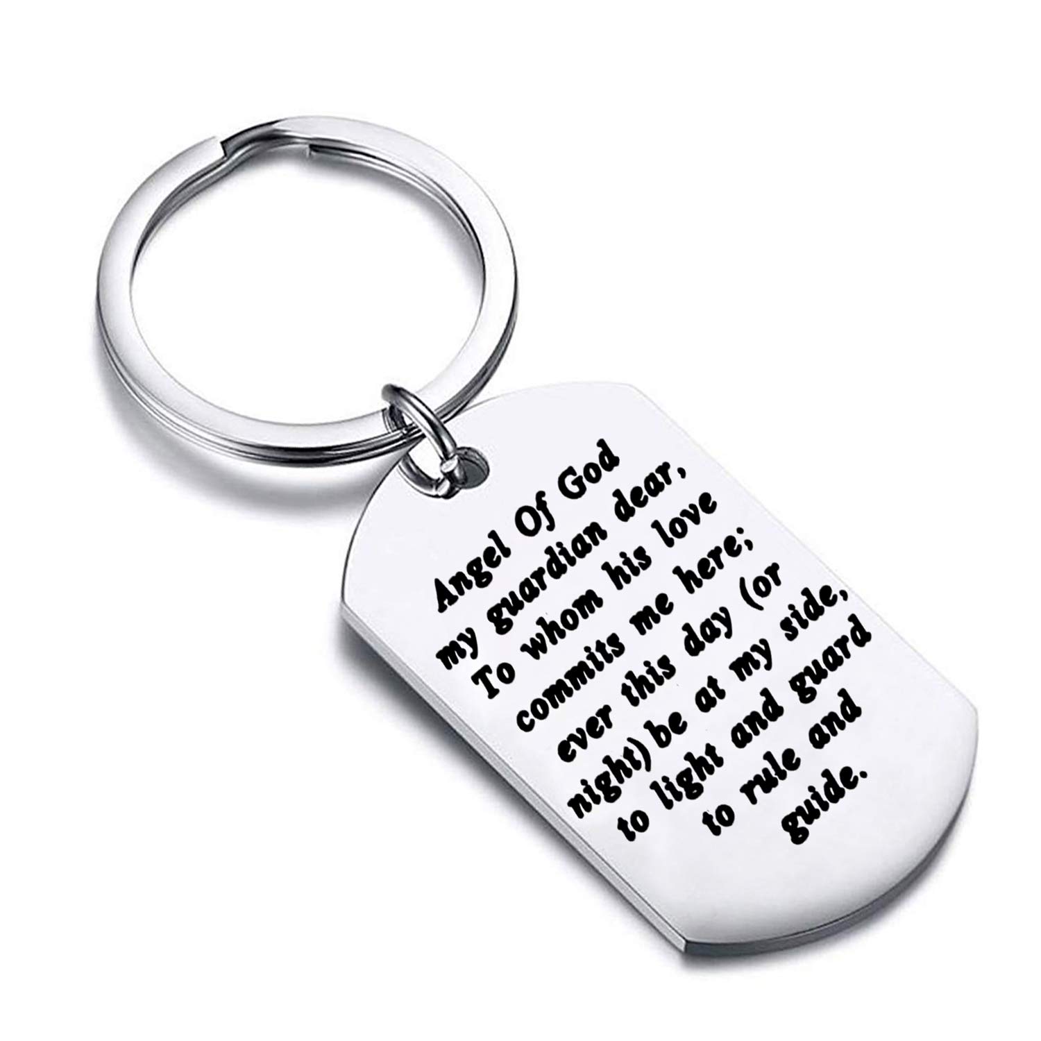 BEKECH Guardian Angel Keychain Angel of God My Guardian Dear Prayer Dog Tag Pendant Keychain Guardian Angel Protect Traveller Gift Religious Baptism Gift (silver)