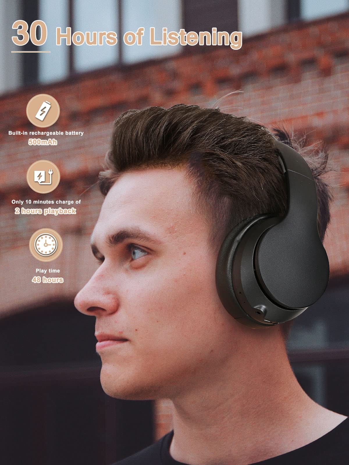 BASEMAN Active Noise Cancelling Headphones - Over-Ear Deep Bass Bluetooth Wireless Headphones with Built-in Mic, Foldable Headset for Travel, Work [Comfortable Ear-Pads, Long Battery Life] - Black