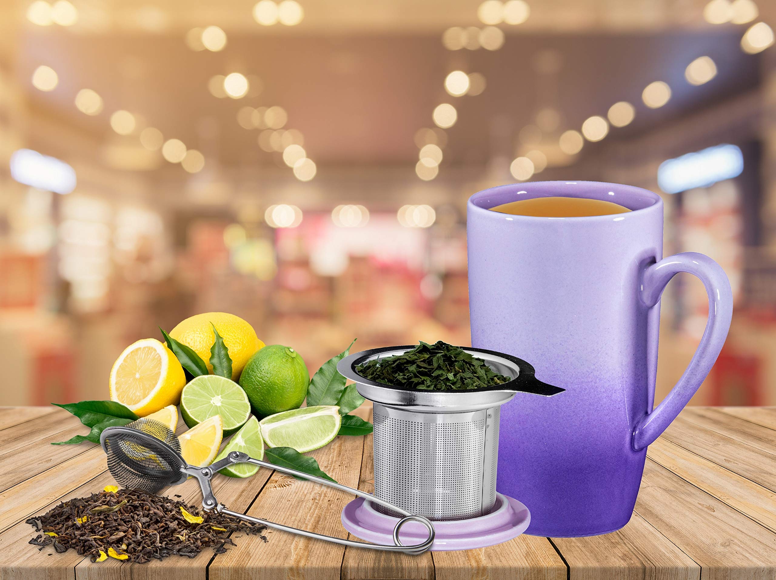 Bruntmor 16 oz Porcelin Ceramic Mug with Tea Infuser and Lid, Loose leaf Tea cup, Gift for Tea Lovers, Large Mug for office and Travel, Gift for Christmas, Coffee Mug with Lid, Yellow