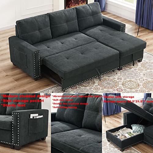 EMKK Home Reversible Sleeper Sectional Sofa Chaise, L-Shape Sofá Pull-Out Bed w/Side Storage Bag Furniture Setfor Apartment,Living Room,Office, Black 82“