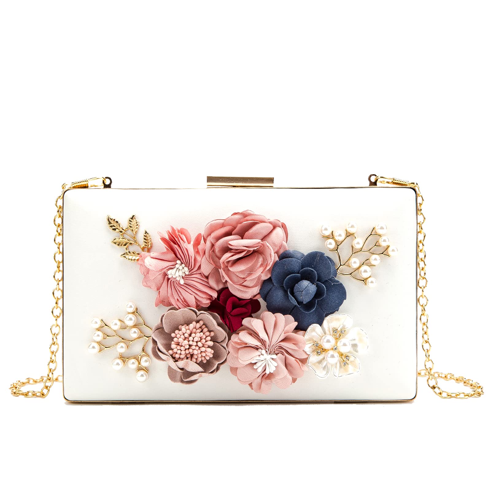 LETODE Women's Evening Bag Flower Wedding Evening Clutch Purse Bride Floral Clutch Bag Beaded Evening Shoulder Handbag (White)
