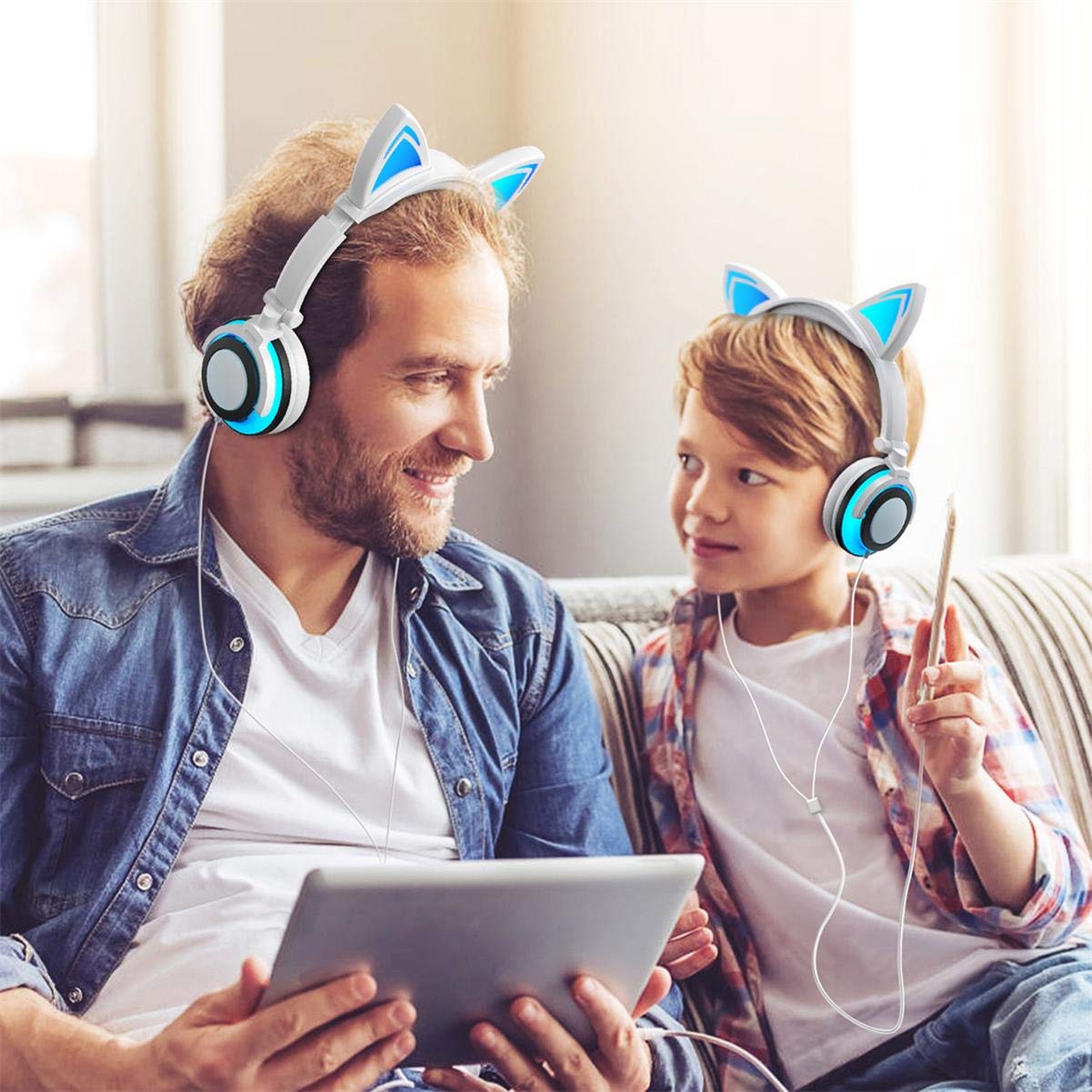 Olyre Wired Headphones with Microphone for Kids/Girls/Boys/Women,On-Ears Adjustable Stereo Foldable LED Cat Kitty Gift Headset Compatible with Computer Tablet PC iPad Smartphone(White)